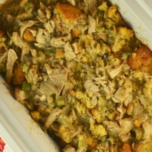 Crockpot Chicken Cornbread Stuffing Casserole - These Old Cookbooks
